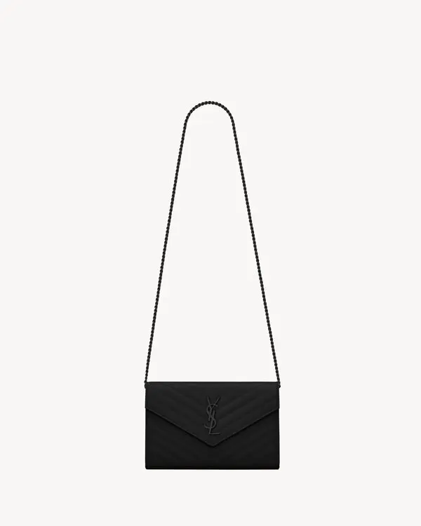 Saint Laurent Cassandre Chain Wallet In Grain De Poudre Leather - Black