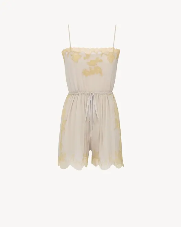 Saint Laurent Silk Crepe Muslin Laced Romper - Brume