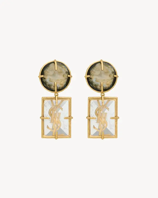 Saint Laurent Cassandre Pendant Earrings In Crystal Rock - Black, Crystal And Gold