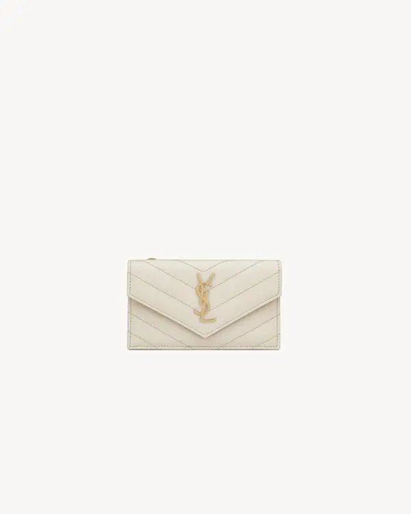 Saint Laurent Cassandre Matelassé Fragments Flap Card Case In Grain De Poudre Leather - White