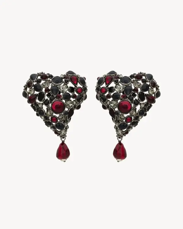 Saint Laurent Crystal Heart Drop Earrings - Black, Red And Crystal
