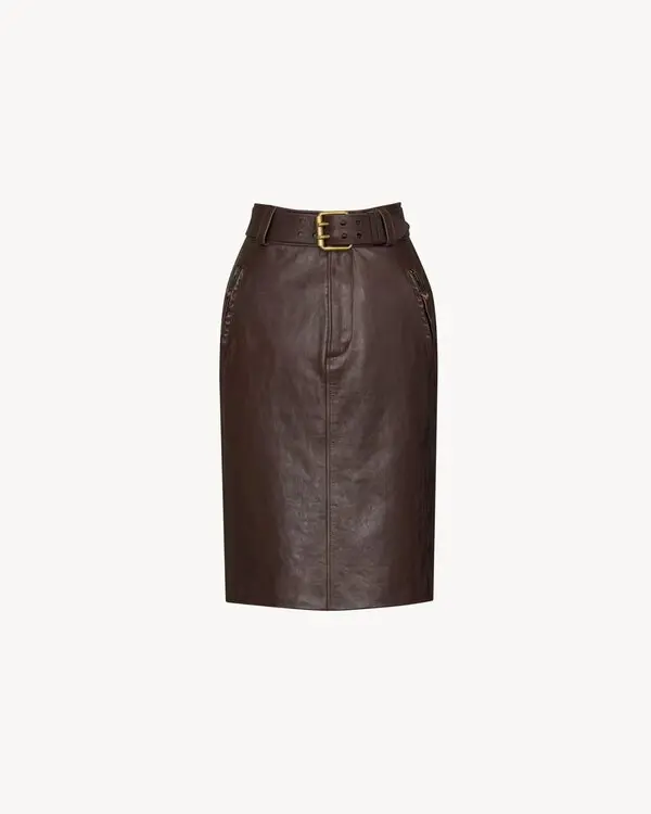 Saint Laurent Belted Pencil Skirt In Creased Leather - Marron Fonce