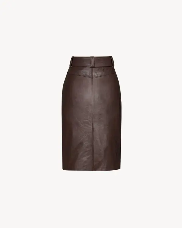Saint Laurent Belted Pencil Skirt In Creased Leather - Marron Fonce
