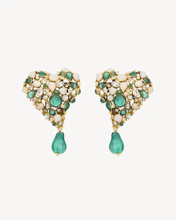Saint Laurent Crystal Heart Drop Earrings In Resin And Metal - Cream, Green And Crystal