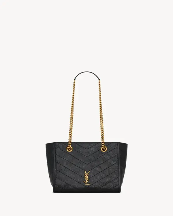Saint Laurent Niki Small Shopping Bag In Vintage Leather With Chevron Topstitching - Black