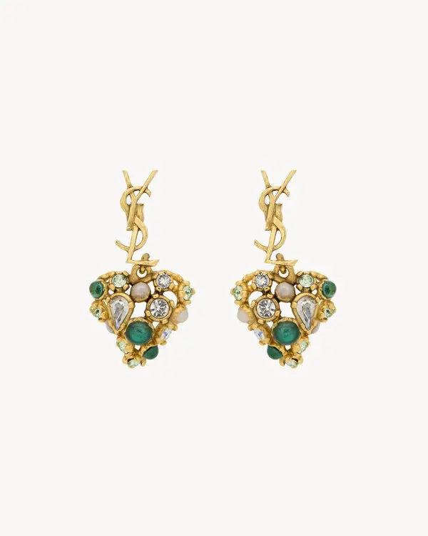 Saint Laurent Cassandre Crystal Heart Drop Earrings - Green, Crystal And Gold
