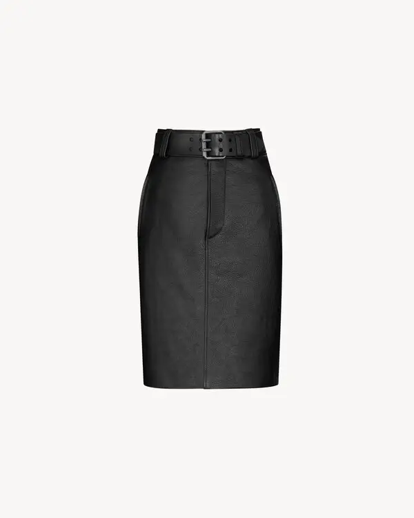Saint Laurent Belted Pencil Skirt In Grained Leather