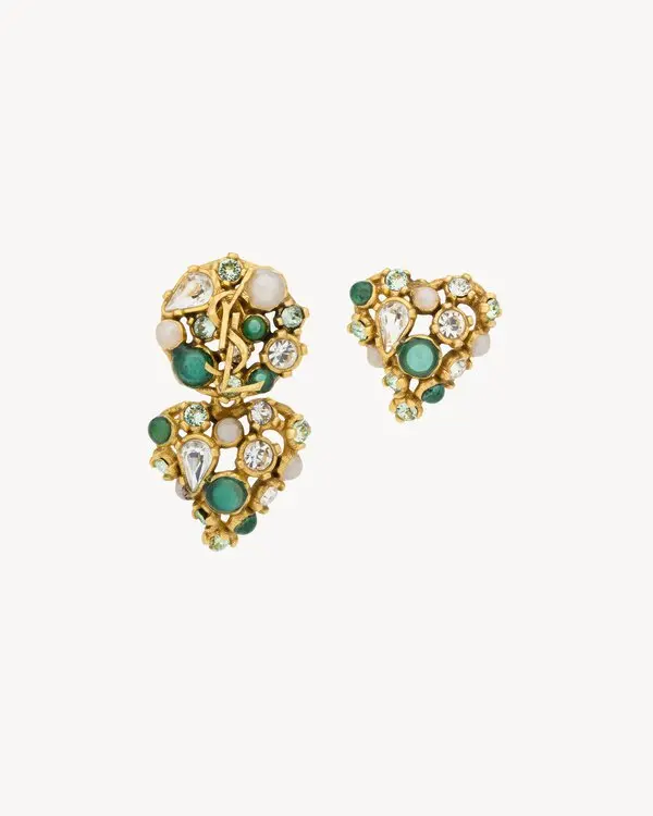 Saint Laurent Cassandre Crystal Heart Earrings - Green, Crystal And Gold