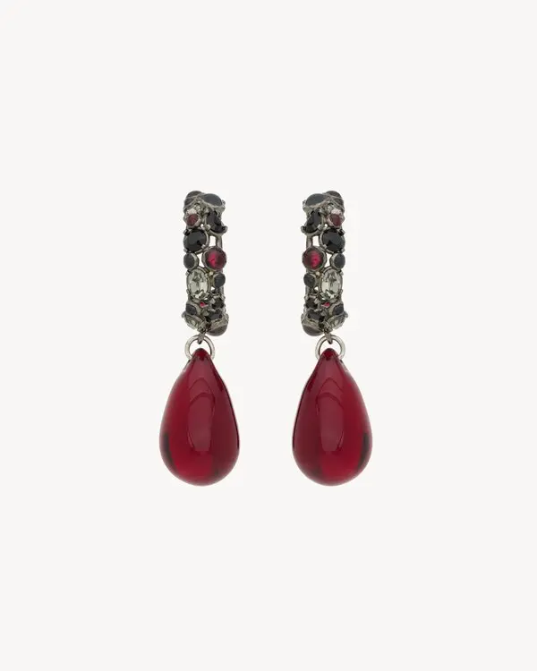 Saint Laurent Crystal Hoop Earrings With Pearl Drop Pendant - Black, Red And Crystal