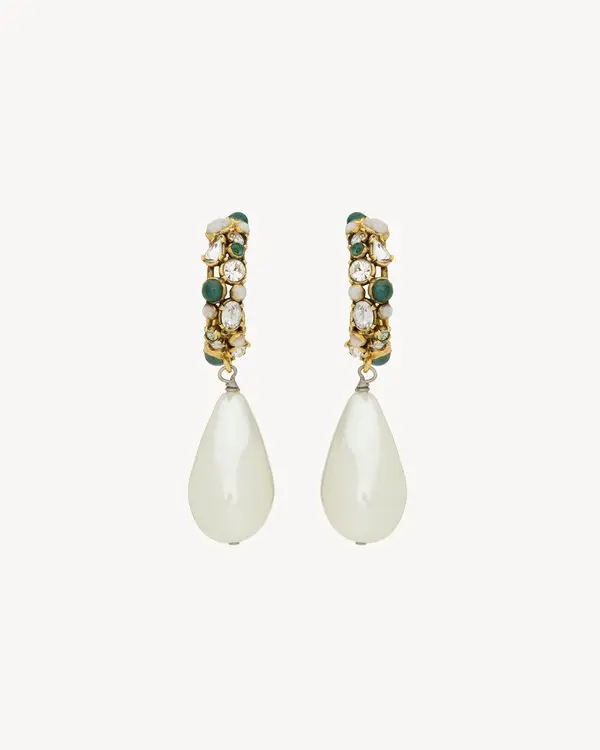 Saint Laurent Crystal Hoop Earrings With Pearl Drop Pendant - Cream, Green, Crystal And Gold