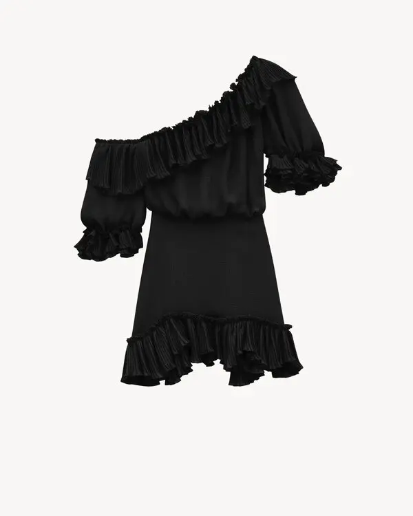 Saint Laurent Black Silk Crepon Muslin Ruffled Dress - Noir