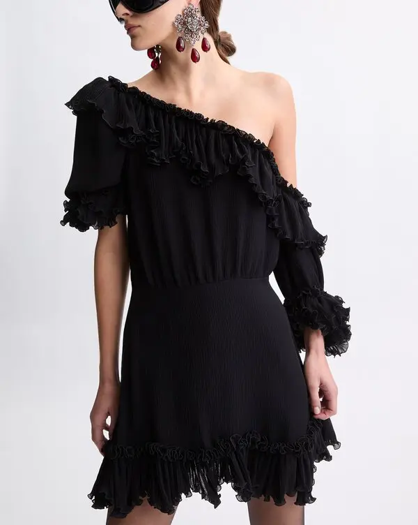 Saint Laurent Black Silk Crepon Muslin Ruffled Dress - Noir