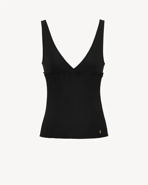 Saint Laurent Cassandre Tank Top In Ribbed Silk Jersey - Noir