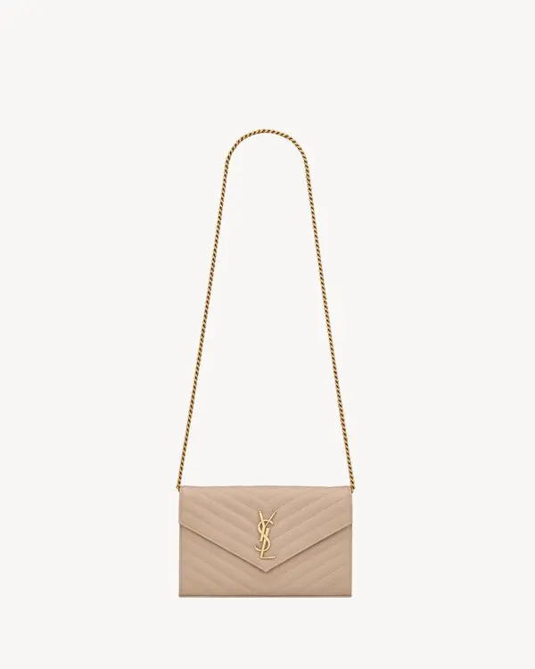 Saint Laurent Cassandre Chain Wallet In Grain De Poudre Leather - Dark Beige