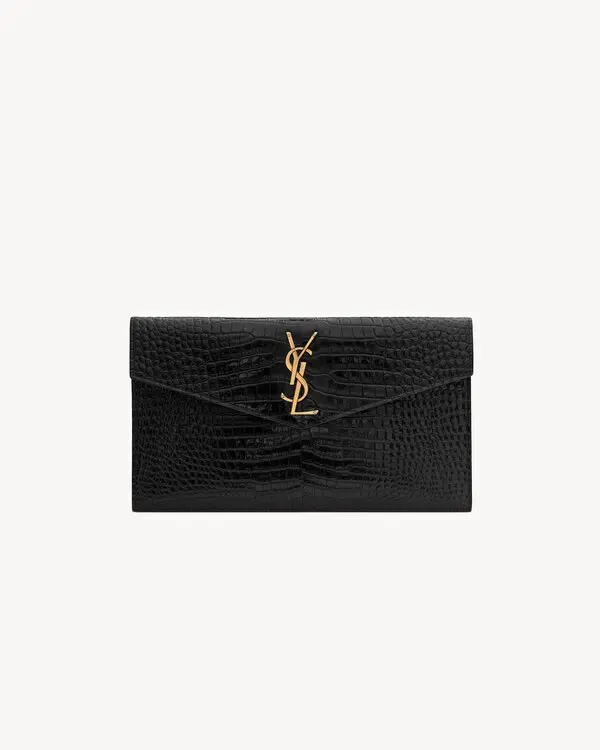 Saint Laurent Ptown Pouch In Crocodile-embossed Shiny Leather - Black