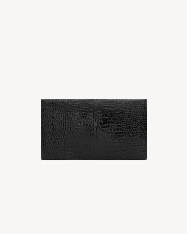 Saint Laurent Ptown Pouch In Crocodile-embossed Shiny Leather - Black