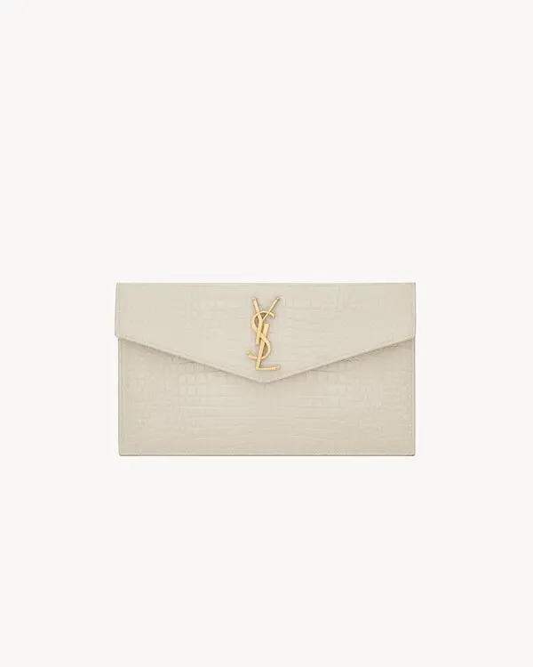 Saint Laurent Ptown Pouch In Crocodile-embossed Shiny Leather - White