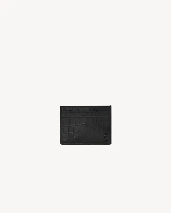 Saint Laurent Tiny Cassandre Card Case In Crocodile-embossed Leather - Black