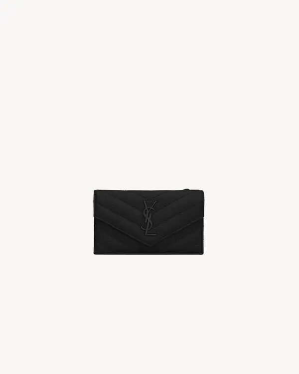 Saint Laurent Cassandre Matelassé Fragments Flap Card Case In Grain De Poudre Leather - Black