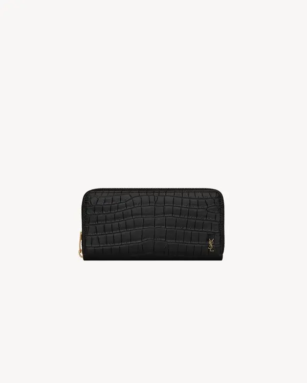 Saint Laurent Tiny Cassandre Zip-around Wallet In Crocodile-embossed Matte Leather - Black