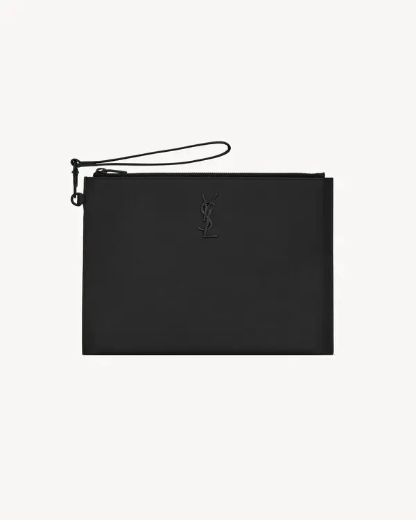 Saint Laurent Cassandre Zipped Tablet Holder In Grain De Poudre Leather - Black
