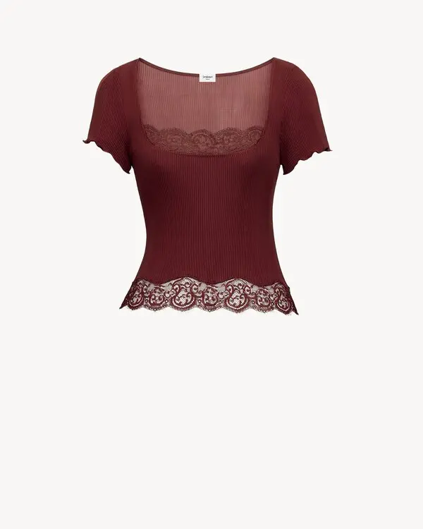 Saint Laurent Ribbed Silk Jersey Square Neck T-shirt - Rouge Fonce