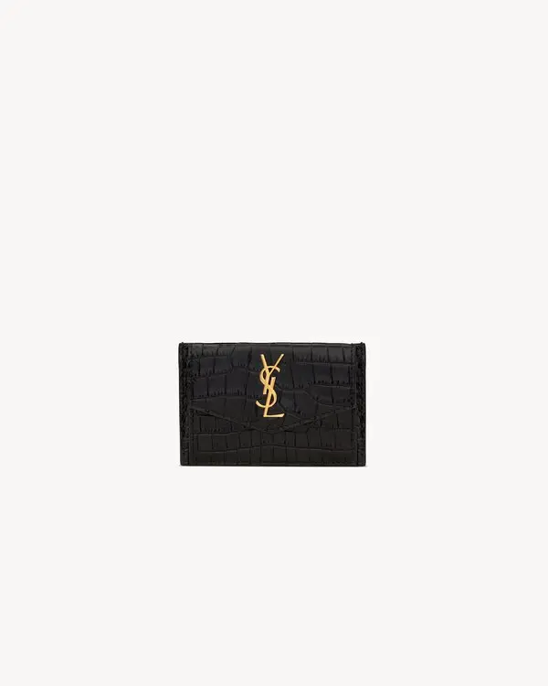 Saint Laurent One Sizeptown Flap Card Case In Crocodile-embossed Shiny Leather - Black