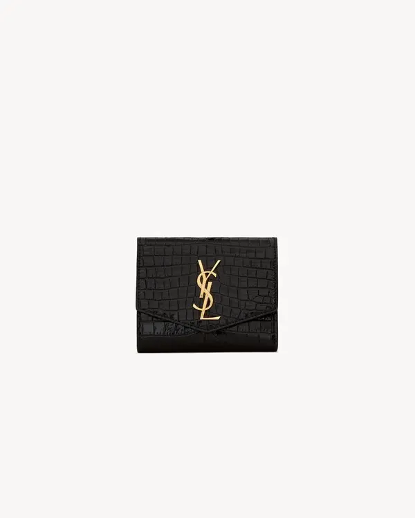 Saint Laurent One Sizeptown Compact Wallet In Crocodile-embossed Shiny Leather - Black