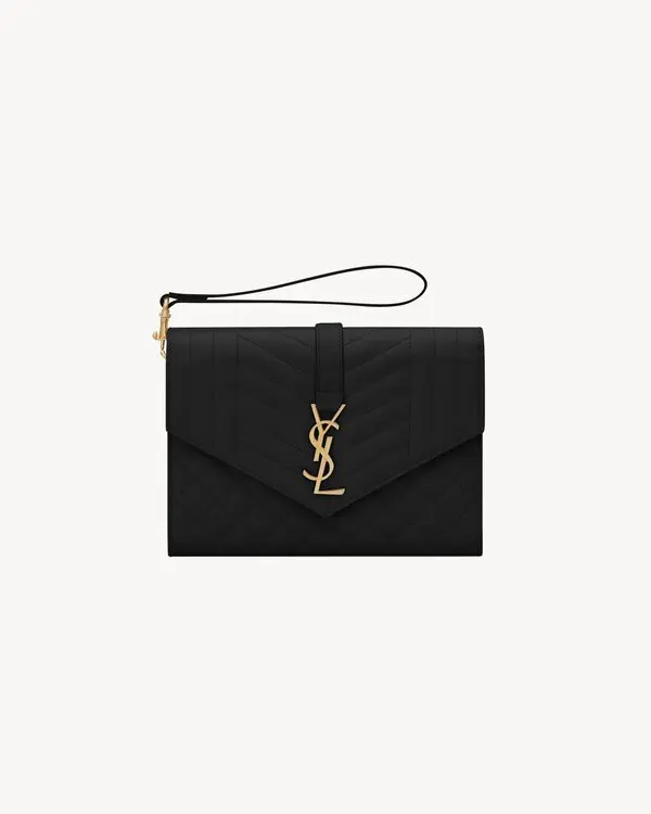 Saint Laurent Envelope Flap Pouch In Mix Matelassé Grain De Poudre Leather - Black