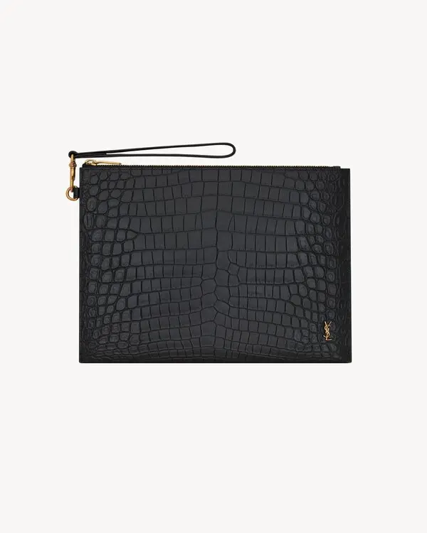 Saint Laurent Tiny Cassandre Zip Tablet Holder In Crocodile-embossed Leather