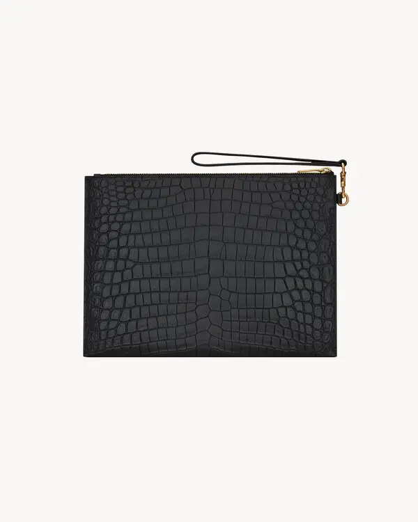 Saint Laurent Tiny Cassandre Zip Tablet Holder In Crocodile-embossed Leather