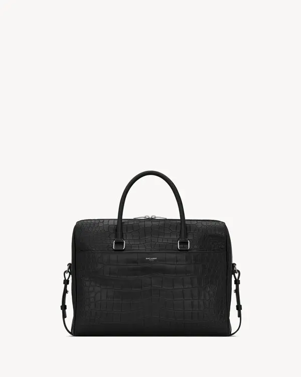 Saint Laurent Duffle Briefcase Bag In Crocodile-embossed Matte Leather - Black