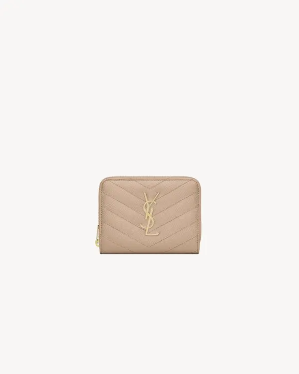 Saint Laurent Cassandre Matelassé Compact Zip Around Wallet In Grain De Poudre Leather - Dark Beige