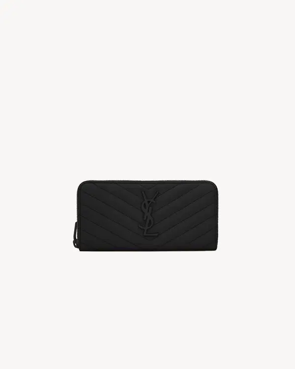 Saint Laurent Cassandre Matelassé Zip Around Wallet In Grain De Poudre Leather - Black