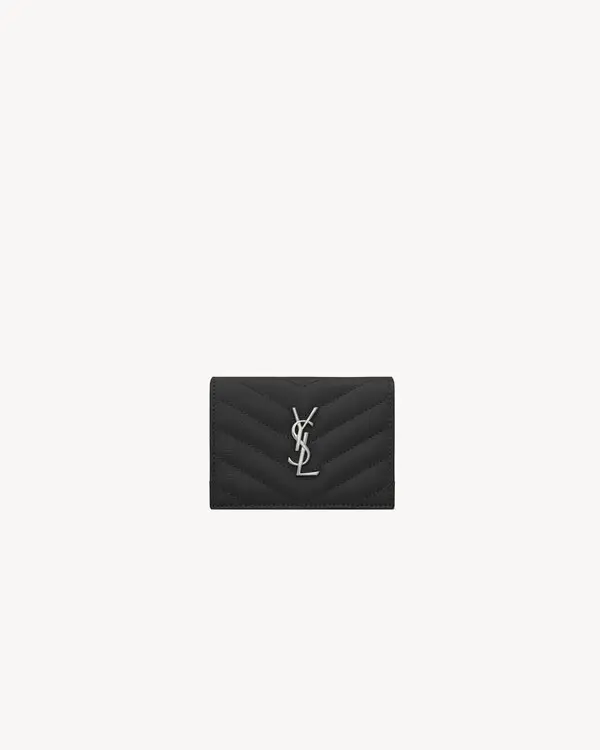 Saint Laurent Cassandre Matelassé Flap Card Case In Grain De Poudre Leather - Black
