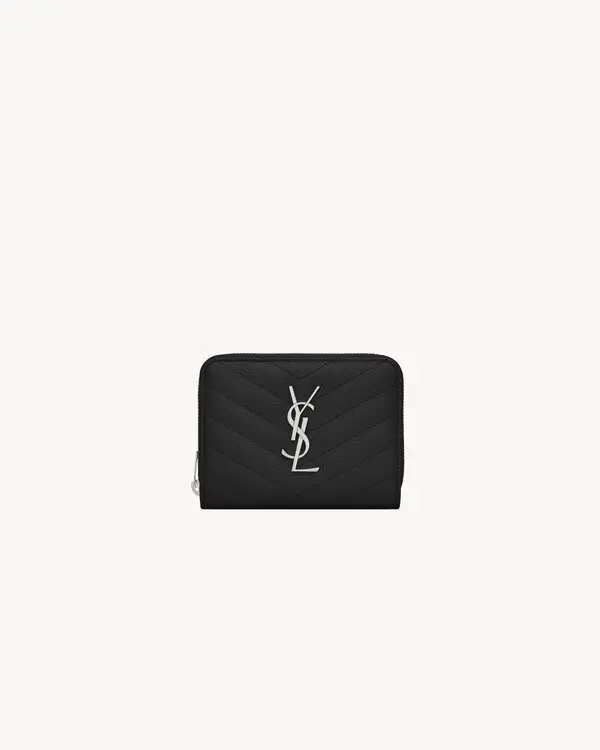 Saint Laurent Cassandre Matelassé Compact Zip Around Wallet In Grain De Poudre Leather - Black