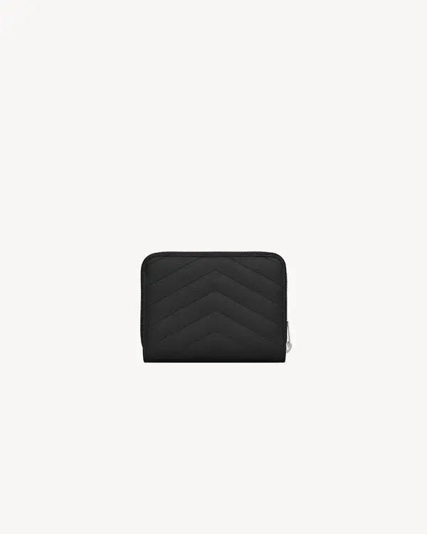 Saint Laurent Cassandre Matelassé Compact Zip Around Wallet In Grain De Poudre Leather - Black