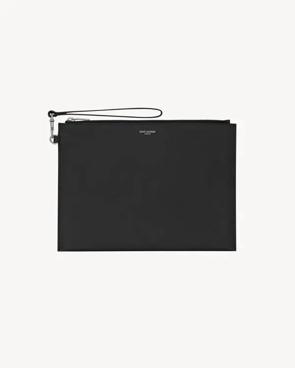 Saint Laurent Zipped Tablet Holder In Grain De Poudre Leather - Black