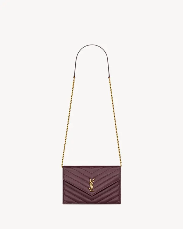 Saint Laurent Cassandre Envelope Chain Wallet In Grain De Poudre Leather - Rouge Cabernet
