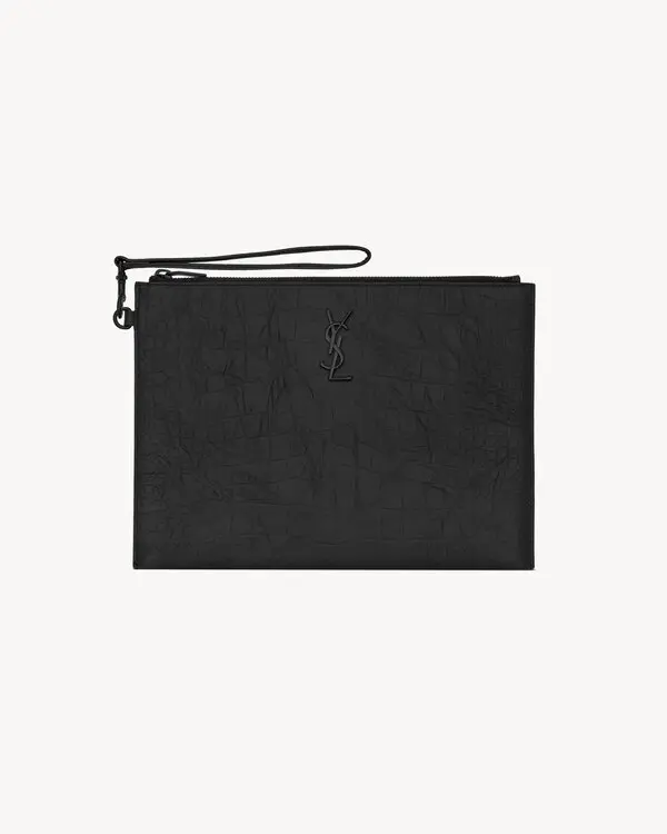 Saint Laurent Cassandre Zipped Tablet Holder In Crocodile-embossed Leather - Black
