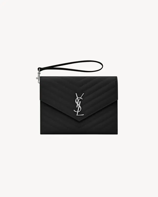 Saint Laurent Cassandre Matelassé Flap Pouch In Grain De Poudre Leather - Black