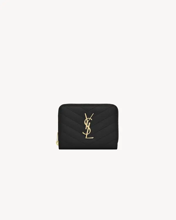 Saint Laurent Cassandre Matelassé Compact Zip Around Wallet In Grain De Poudre Leather - Black
