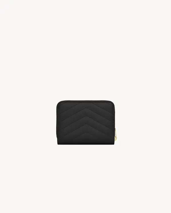 Saint Laurent Cassandre Matelassé Compact Zip Around Wallet In Grain De Poudre Leather - Black