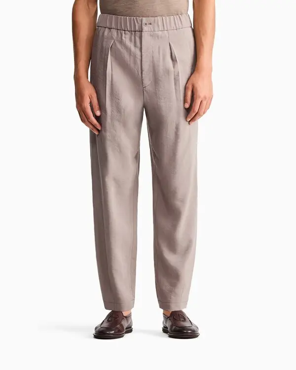 Giorgio Armani Regular Fit Trousers In Washed Silk Blend - Beige