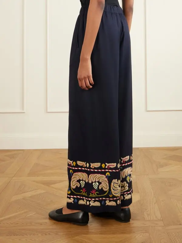 BODE Feather Runner Embroidered Cotton-blend Flared Pants - Black