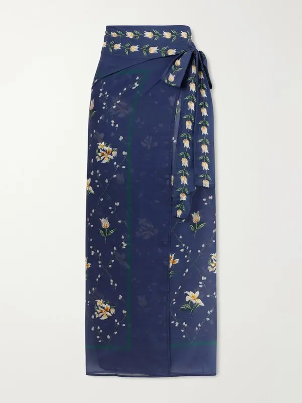 Agua Bendita Floral Print Wrap Cotton And Silk-blend Coverup - Blue