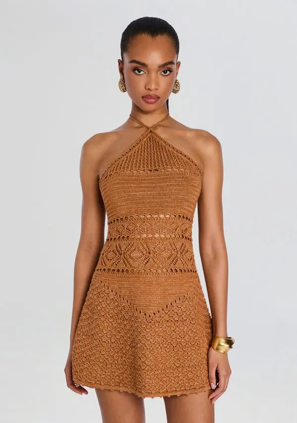 Retrofete Florentina Crochet Halterneck Mini Dress - Metallic Rust