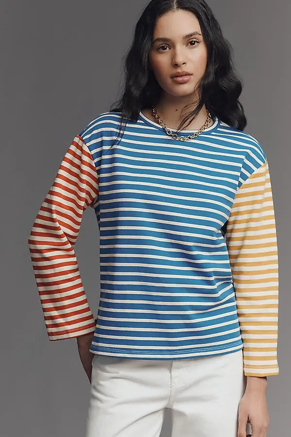 English Factory Colorblock Striped Long Sleeve Top - Blue Pattern