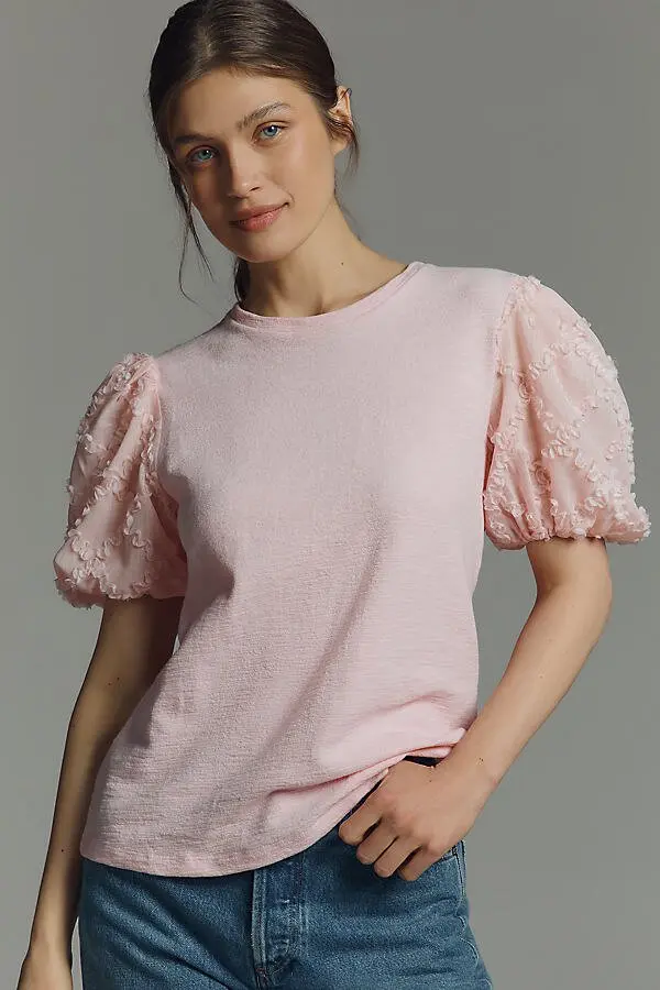 English Factory Puff Sleeve Textured Top - Pink Quartz