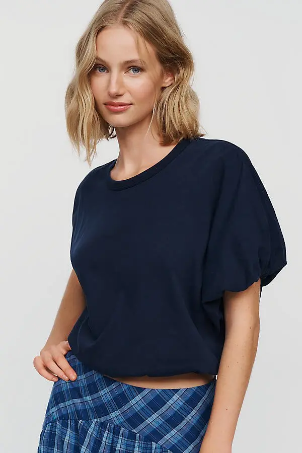 Citizens Of Humanity Cotton Gia Bubble-hem Cropped T-shirt - Navy